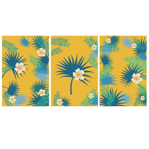 3 affiches jaunes avec motif végétal, décoration, salon, exotic, jungle ...