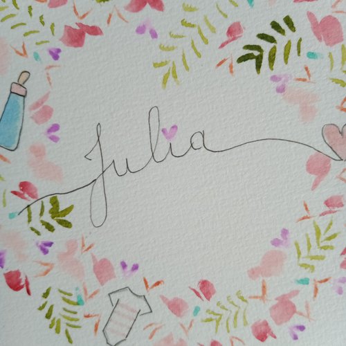 "carte naissance julia couronne florale" (1) peint main, carte aquarelle, naissance fille ...