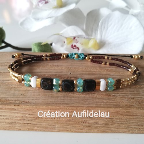 Bracele en perles miyuki , half tila plaqué or 24 k . blanc, chocolat ...