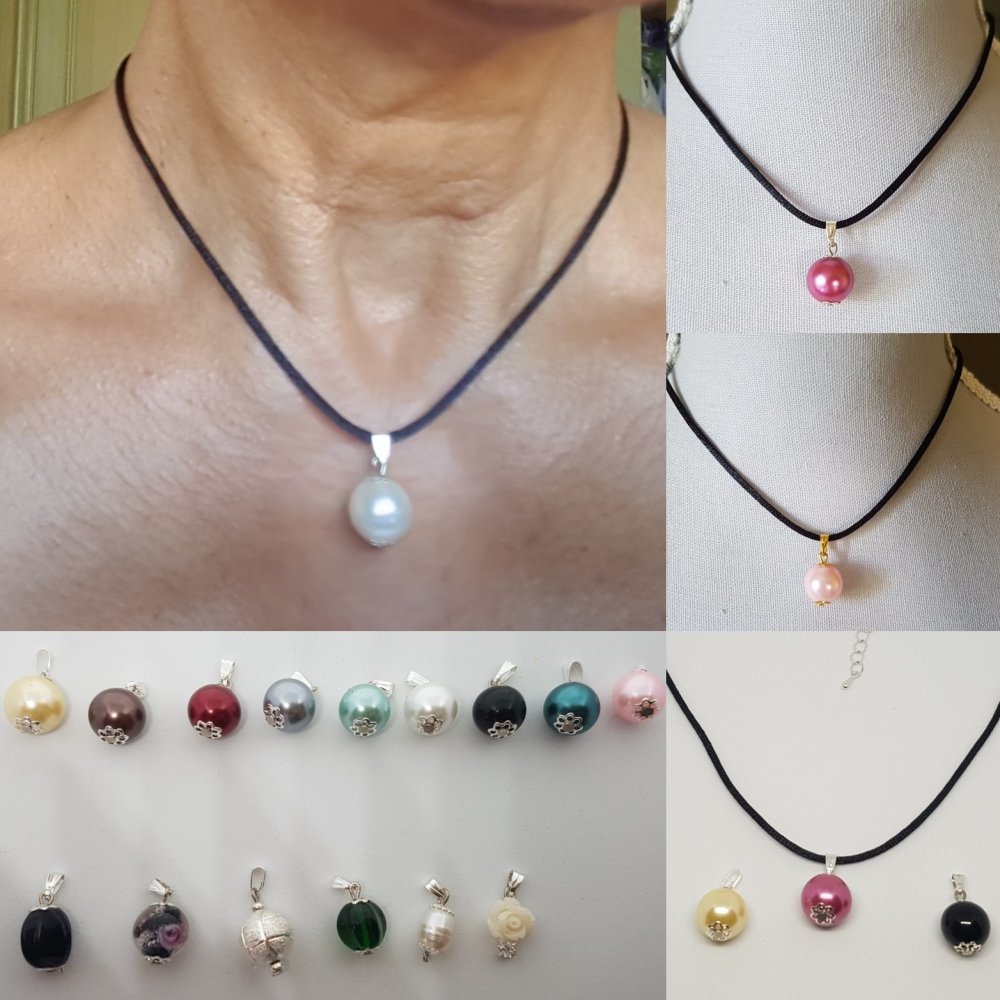 Collier ras du cou perles de verre au choix, cordon noir - Un grand marché