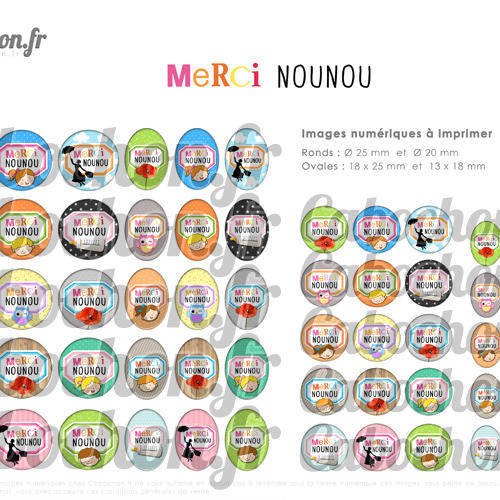 Merci nounou lll ☆ 60 images digitales / numériques rondes 25 et 20 mm ...