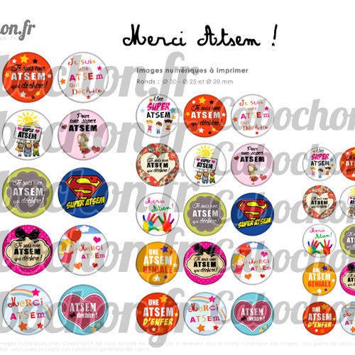 Merci atsem ! ☆ 45 images digitales numériques rondes 30 25 et 20 mm ...