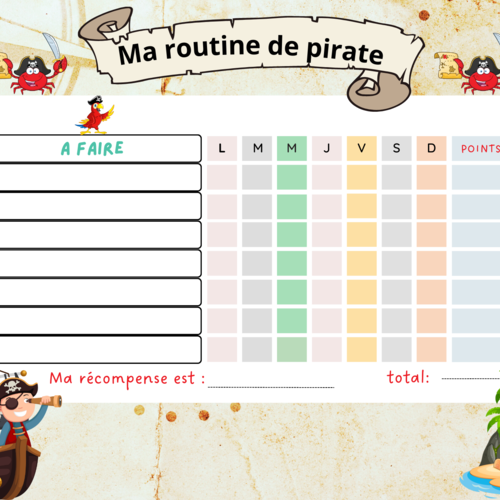 Tableau de routines et de récompenses, garçon, pirate, routine ...