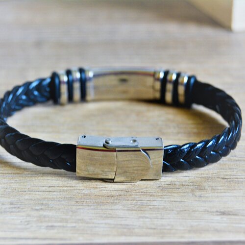 Bracelet homme rouge onyx homme cuir noir tressé acier inoxydable - Un ...