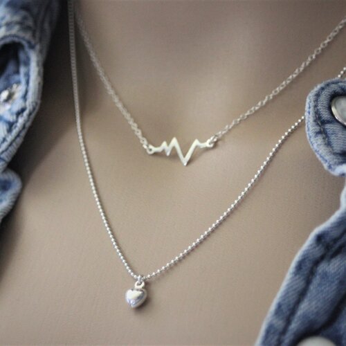 Collier multi-rangs en argent massif ondes rythme cardiaque et ...