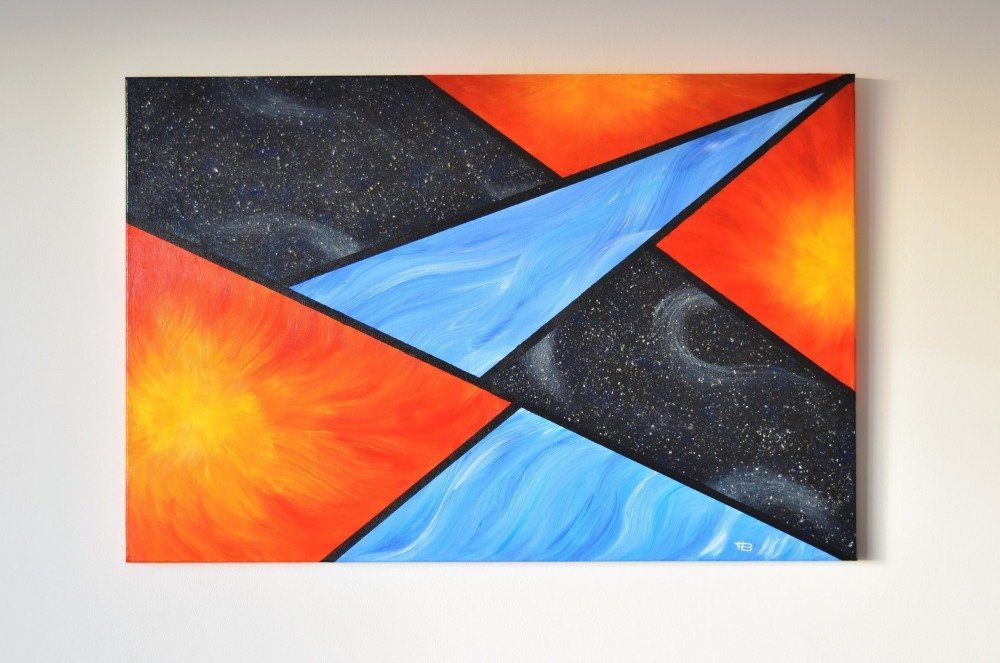 Tableau géométrique contemporain - peinture et éclats de miroirs ...