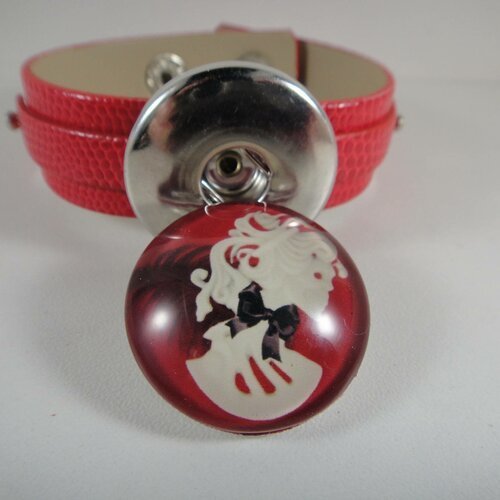 Bracelet réglable en cuir rouge avec maxi bouton pression ...