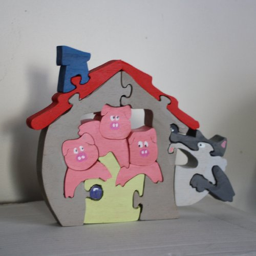 Puzzle en bois les trois petits cochons - Un grand marché