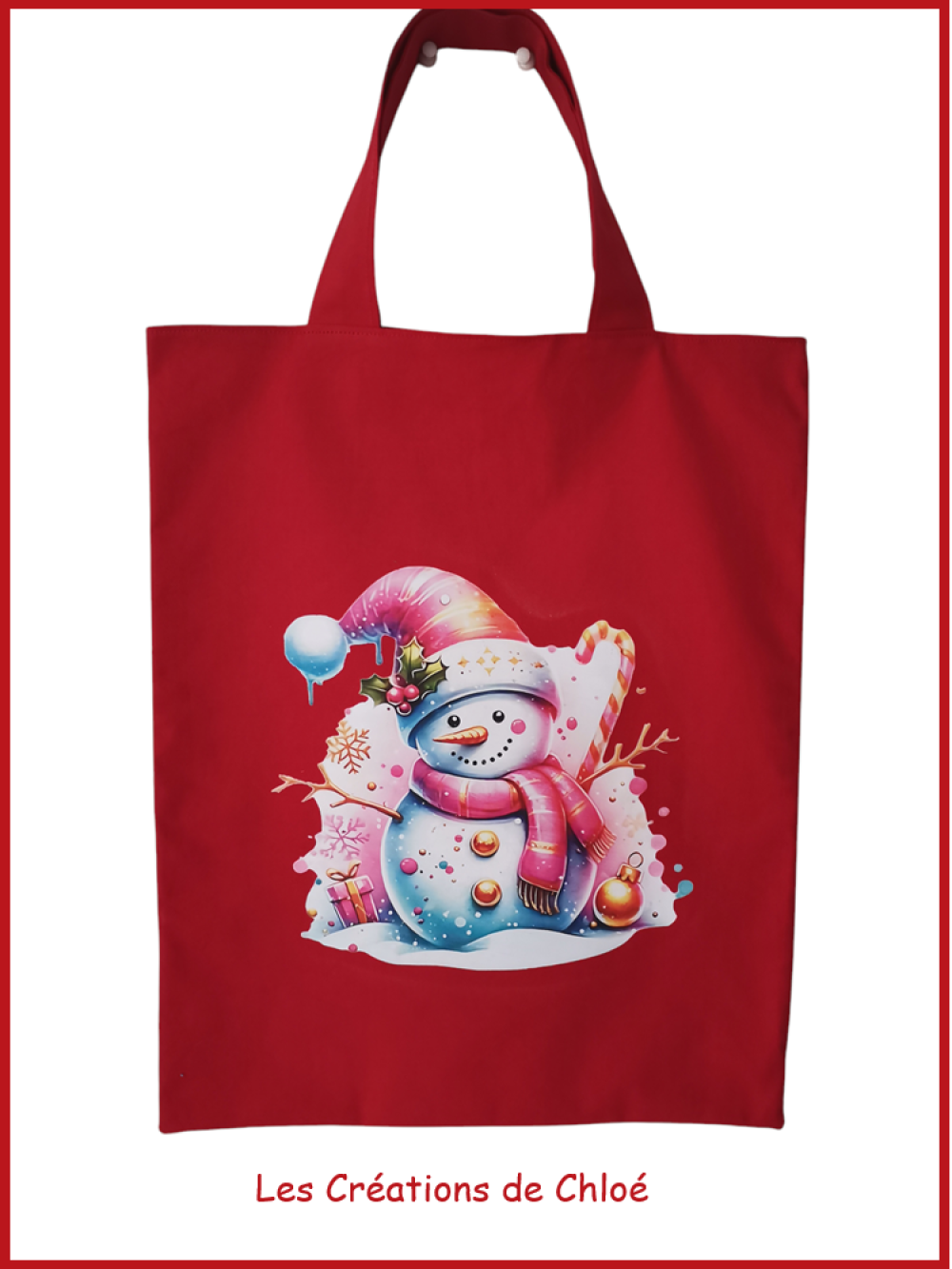 Sac tote bag de noël rouge et motif bonhomme de neige - Un grand marché