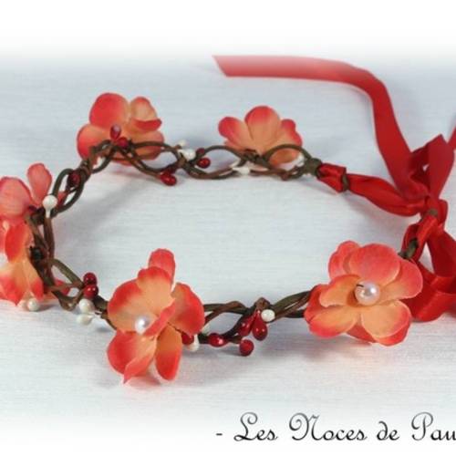 Ensemble couronne de fleurs et bracelet orange et rouge - Un grand marché