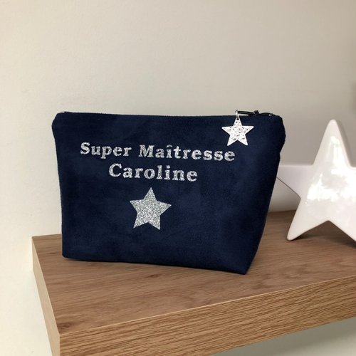 Pochette personnalisable, suédine bleu marine, paillettes argentées ...