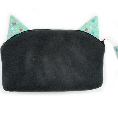 Trousse d'école, pochette forme animale, chat, trousse originale, bleu ...