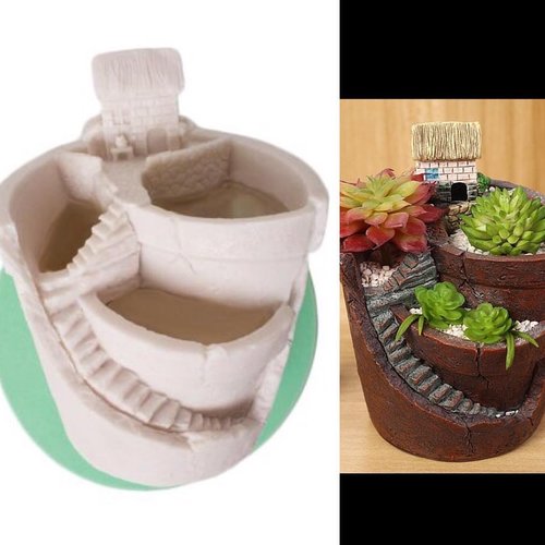 Moule silicone pot de fleur maison escalier terrarium pour fimo plâtre ...