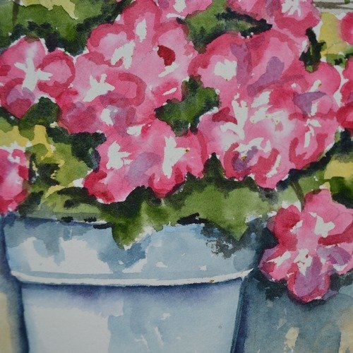 Aquarelle "le géranium et l'arrosoir" - Un grand marché