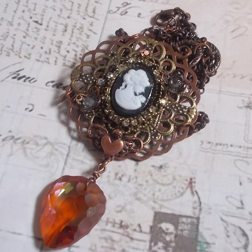 Collier watson mi-long, camé, estampes, pendentif cristal, chaîne ...