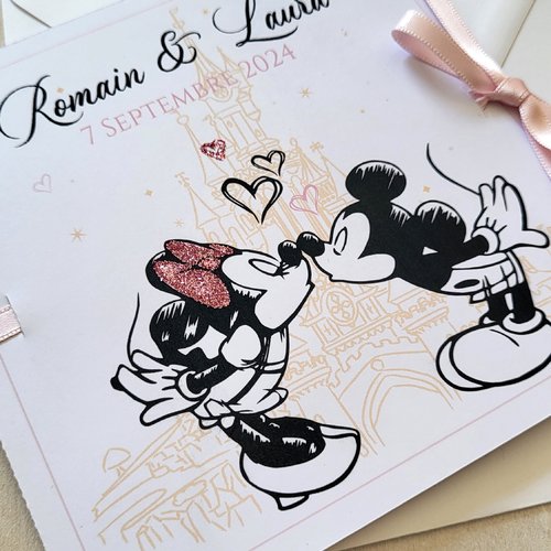 Faire-part / invitation mickey & minnie - mariage disney - rose & or ...