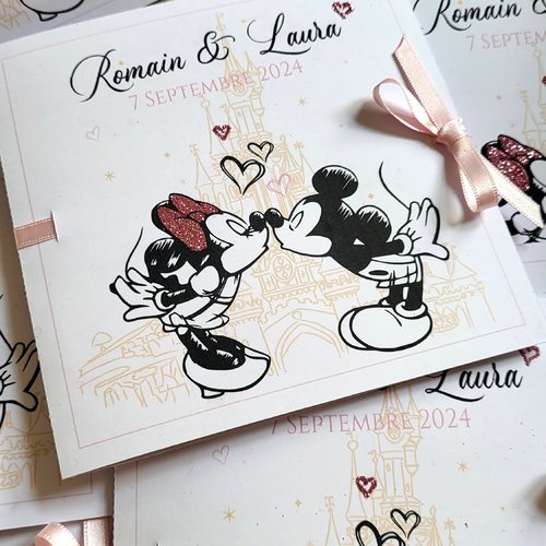 Faire-part / invitation mickey & minnie - mariage disney - rose & or ...