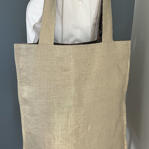 Tote bag en lin doré métallisé, réversible lin beige naturel et ...