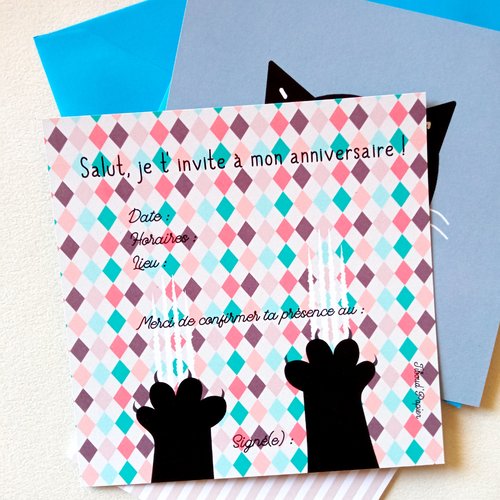 Invitation anniversaire, chat, animal, cosy, garçon et fille, chat noir ...